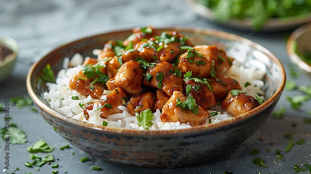 Chicken adobo with jasmine rice, fresh foods in minimal style Stock ...