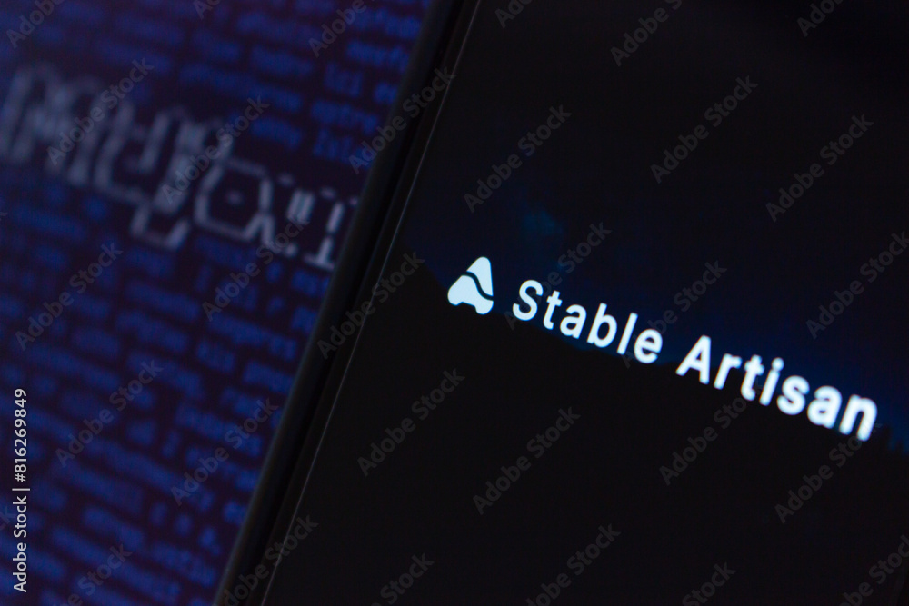 Vancouver, CANADA - May 14 2024 : Stable Artisan logo seen in an iPhone on Midjourney logo ...