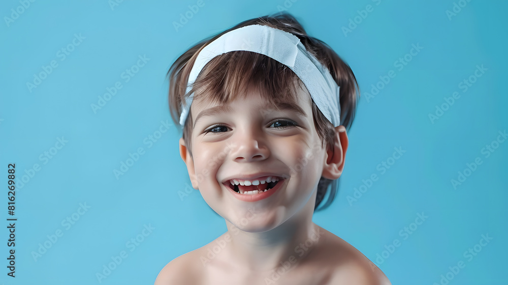 Portrait happy and kid with plaster in studio isolated on a blue ...