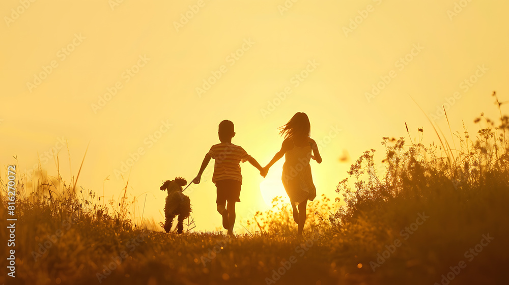 boy girl and dog a running in the park happy family kid dream holiday ...