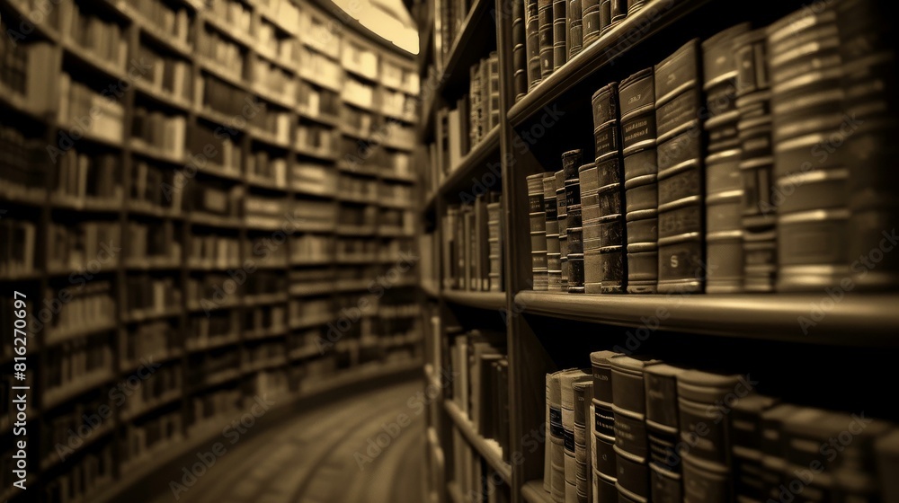 Vintage library with rows of antique books on wooden shelves, sepia ...