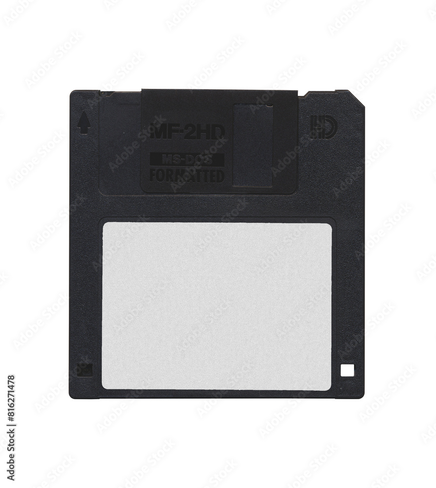 Isolated Retro 3.5” Floppy Disk mockup with white empty label sticker ...