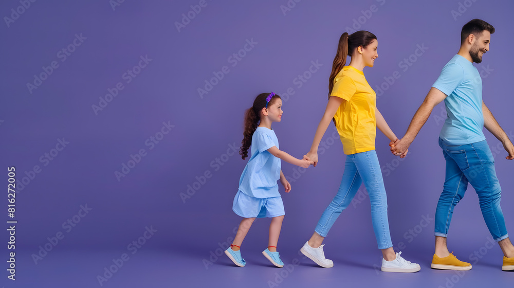 Full body side view young parents mom dad child kid daughter girl 6 ...