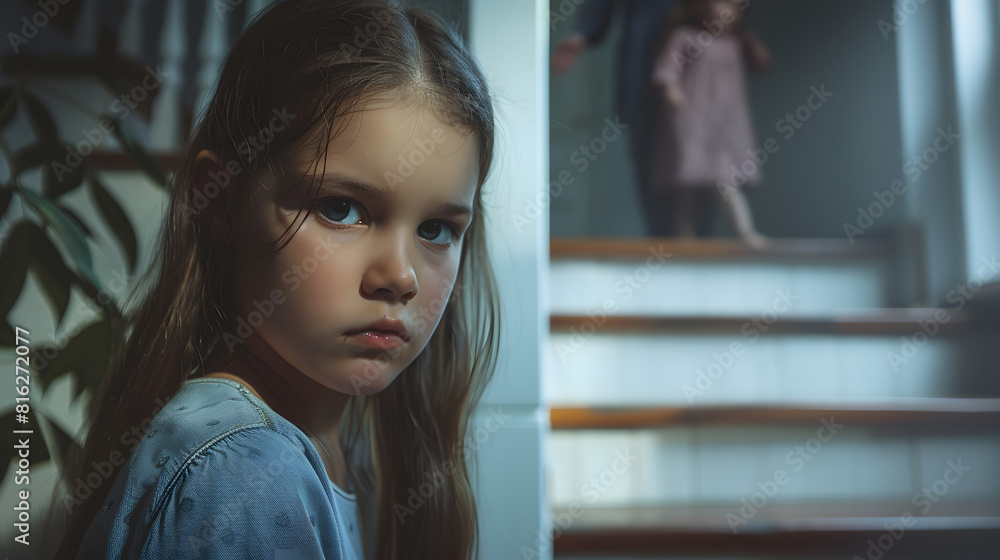 Stressed and unhappy young girl watch her parent arguing from the stair ...
