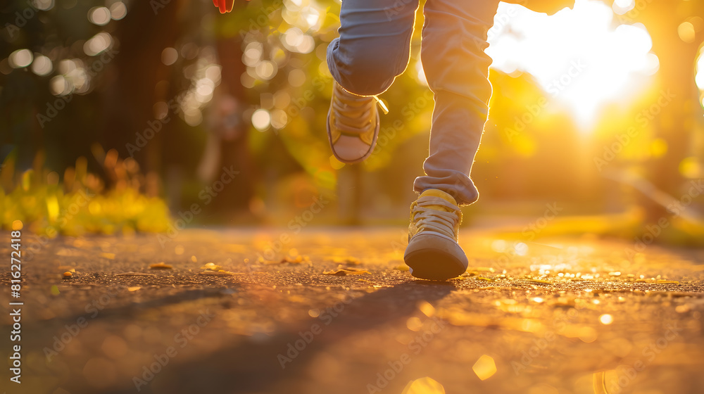 kid run legs closeup in park at sunset happy family people in the park ...