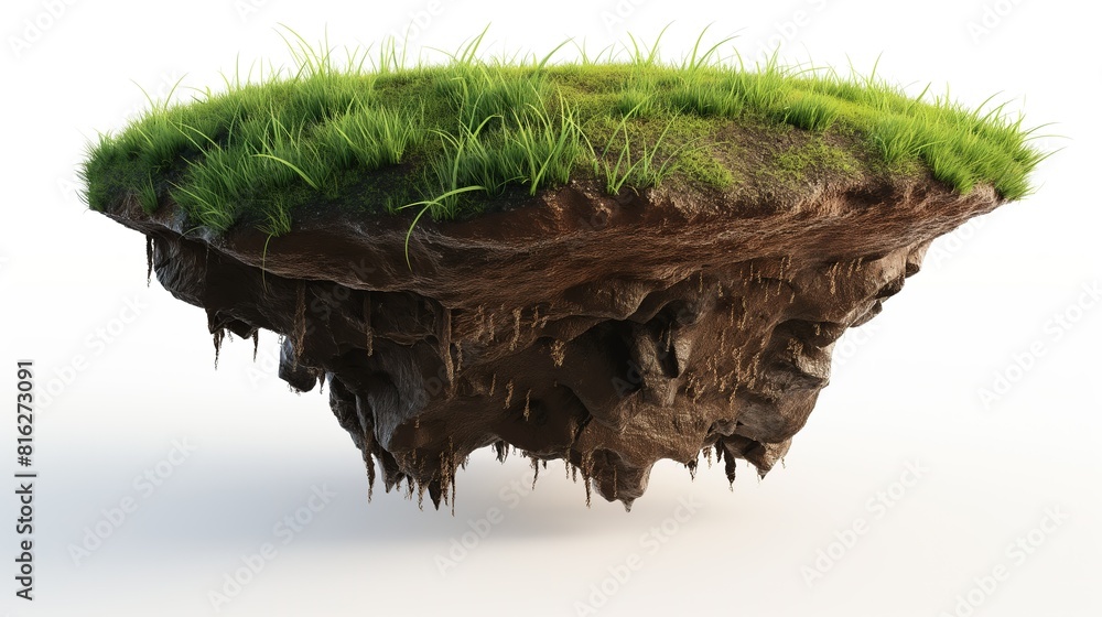 Floating island with lake and waterfalls, trees, green grass, river ...