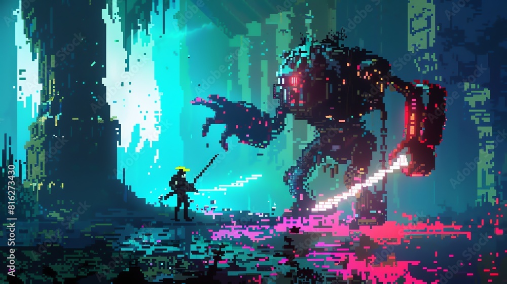 The image is a pixelated illustration of a battle between a samurai and ...