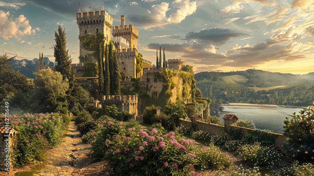 Medieval house like castle with flowers and path in Italy, amazing view ...