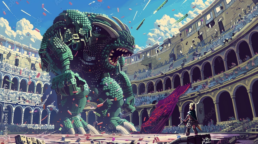 A brave knight is fighting a giant green monster in a pixelated ...