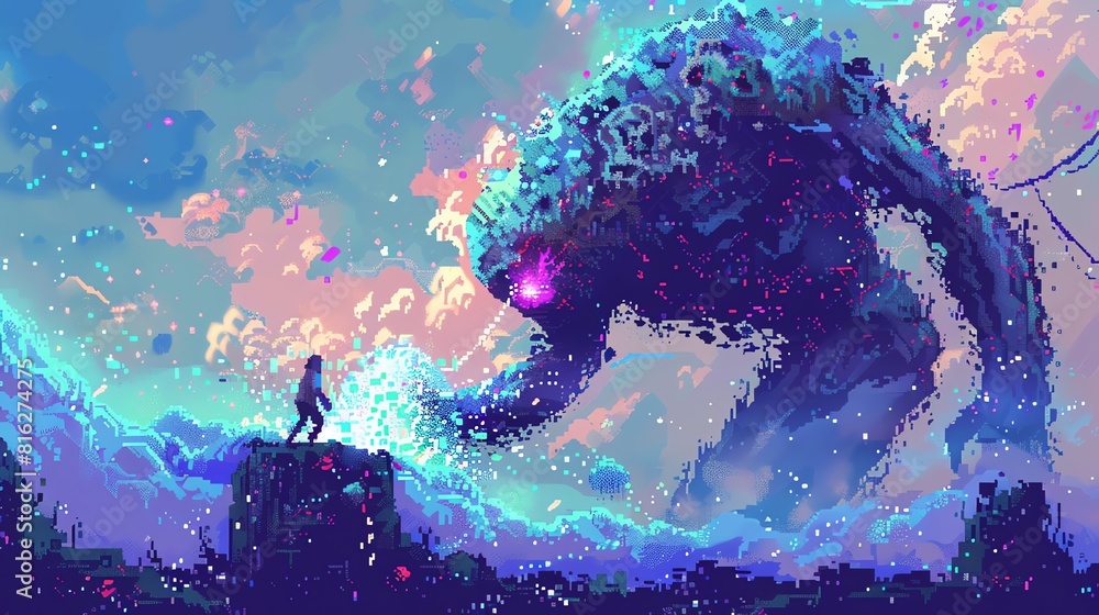 The image is a pixelated illustration of a giant monster standing in a ...