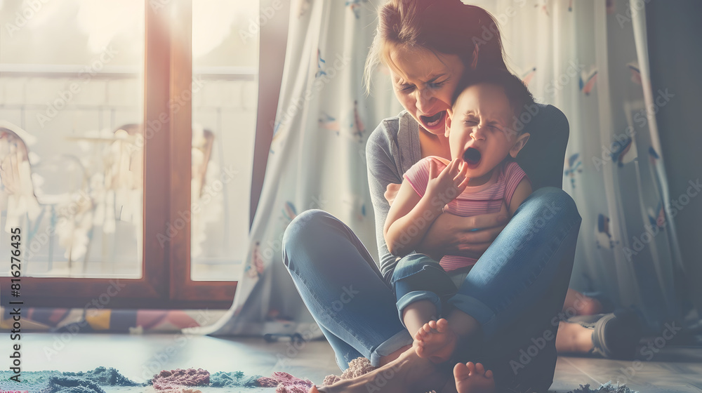 Tired infant baby cries in mother hands depressed unhappy exhausted mom ...