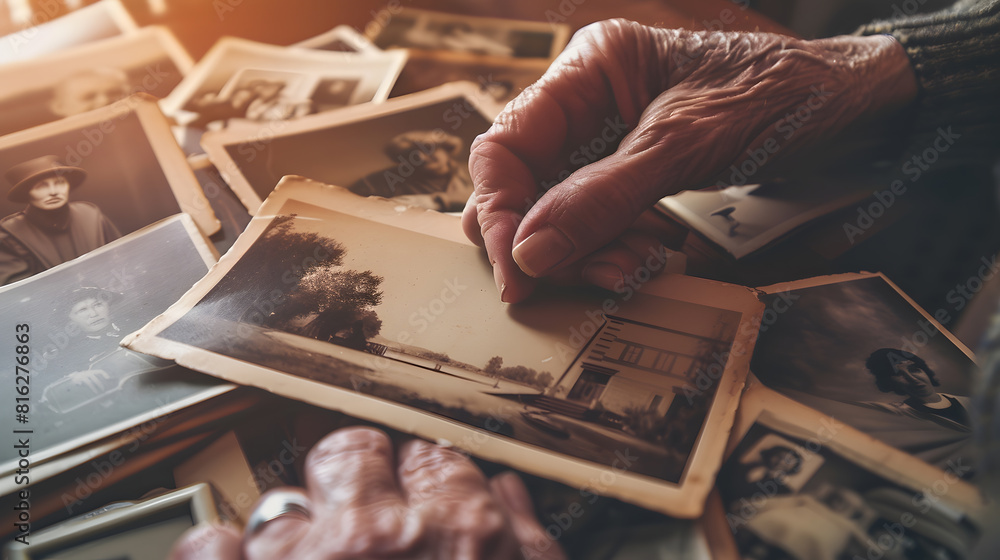 female hands fingering old photographs of 1950s stack of photos on the ...