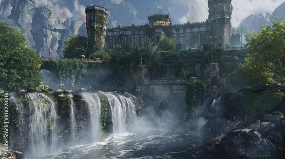 Beautiful waterfalls in fantasy medieval world Stock Illustration ...