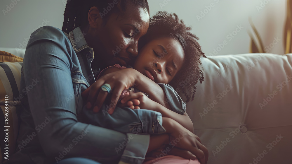 Black African mother embrace little preschool frustrated kid sitting on ...