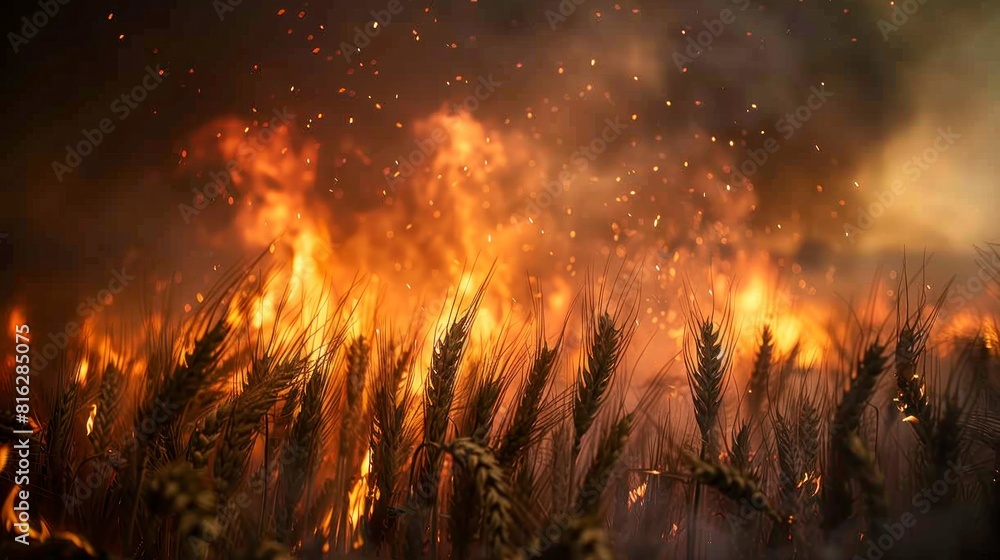 wheat crop on fire with daytime smoke in high resolution and high ...