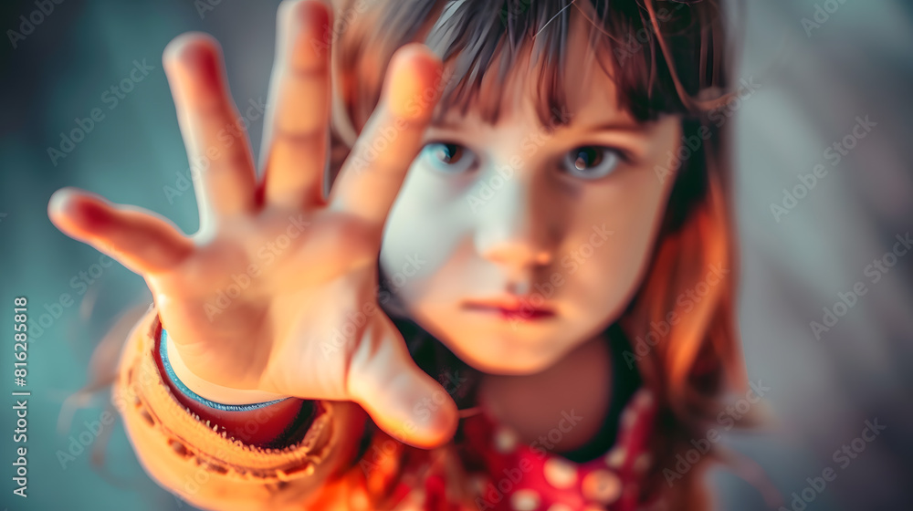 Scared little girl making no sign showing hand stop gesture at camera ...