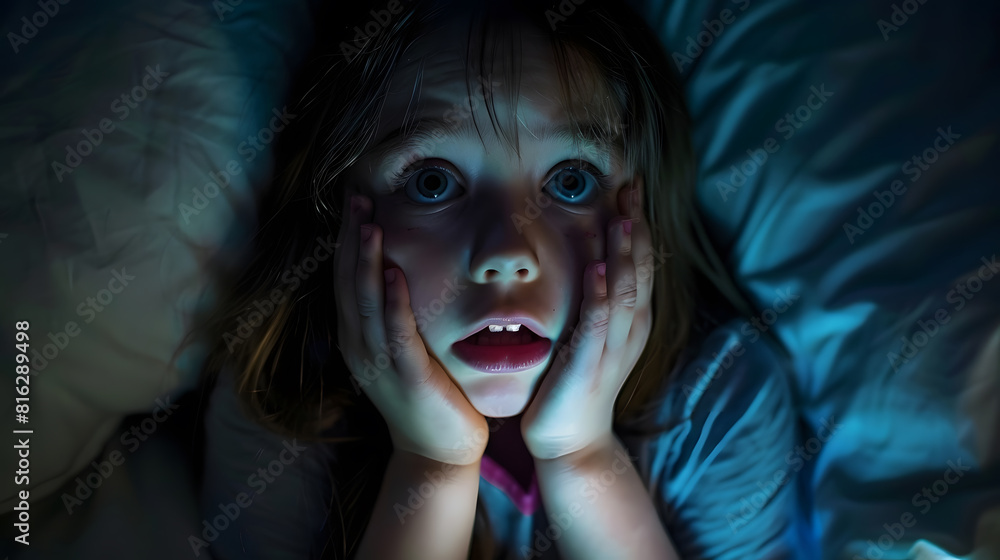 Frightened little girl insomnia Teenager looking terrified experiencing childhood nightmares in ...