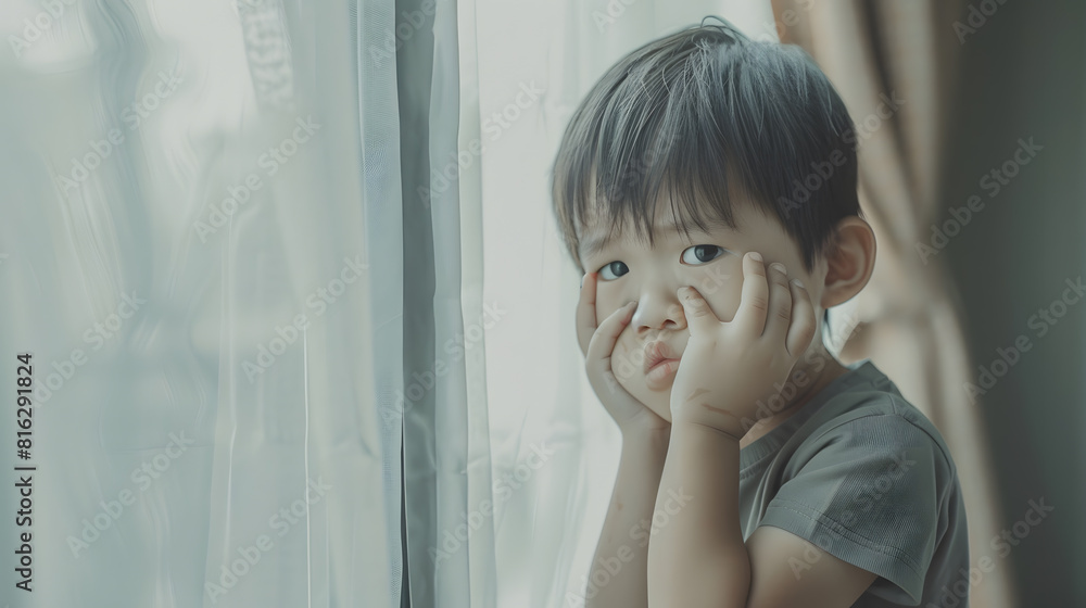 Little Asian boy stand by window cry and cover ears feeling fear ...