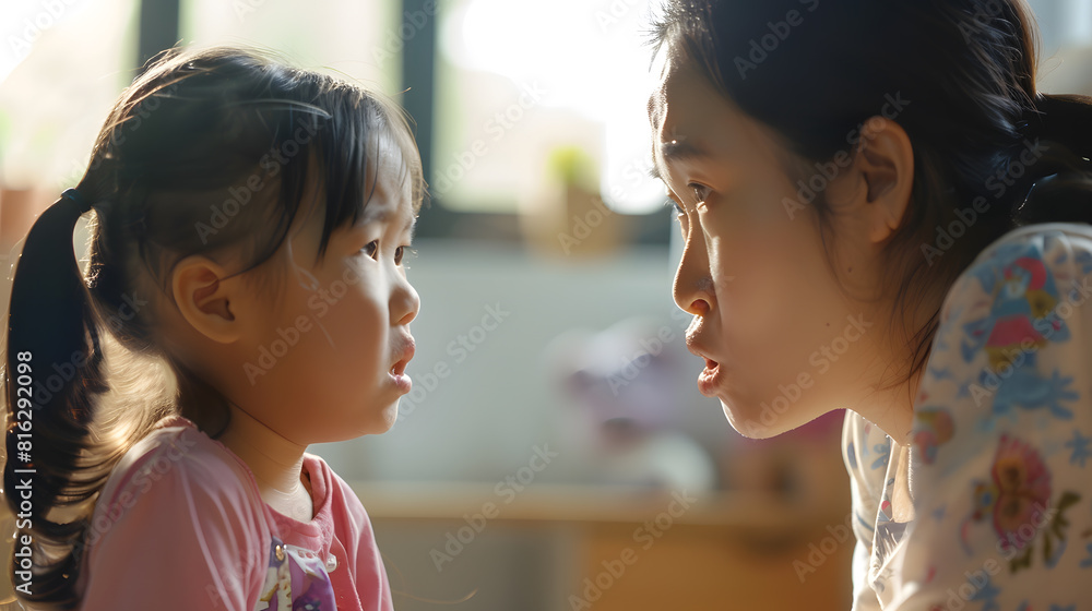 Angry asian kidLittle asian girl looking at her mother and fighting ...