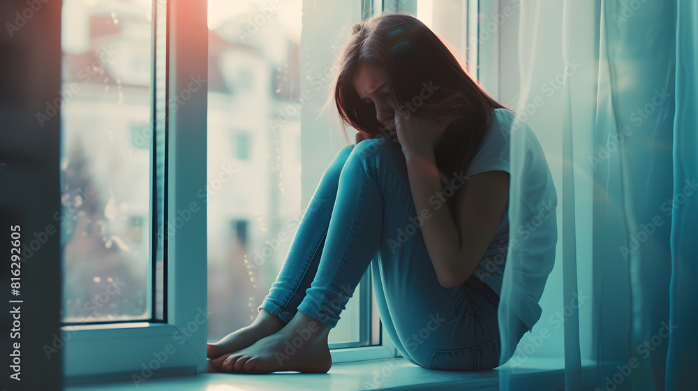 Sad Depressed Teen Girl sitting Alone and Depressed on the windowsill ...