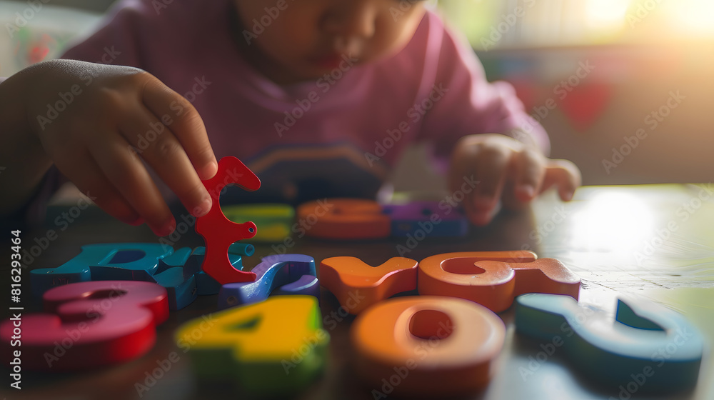 Kid learning numbers through game Activity with wooden numbers ...