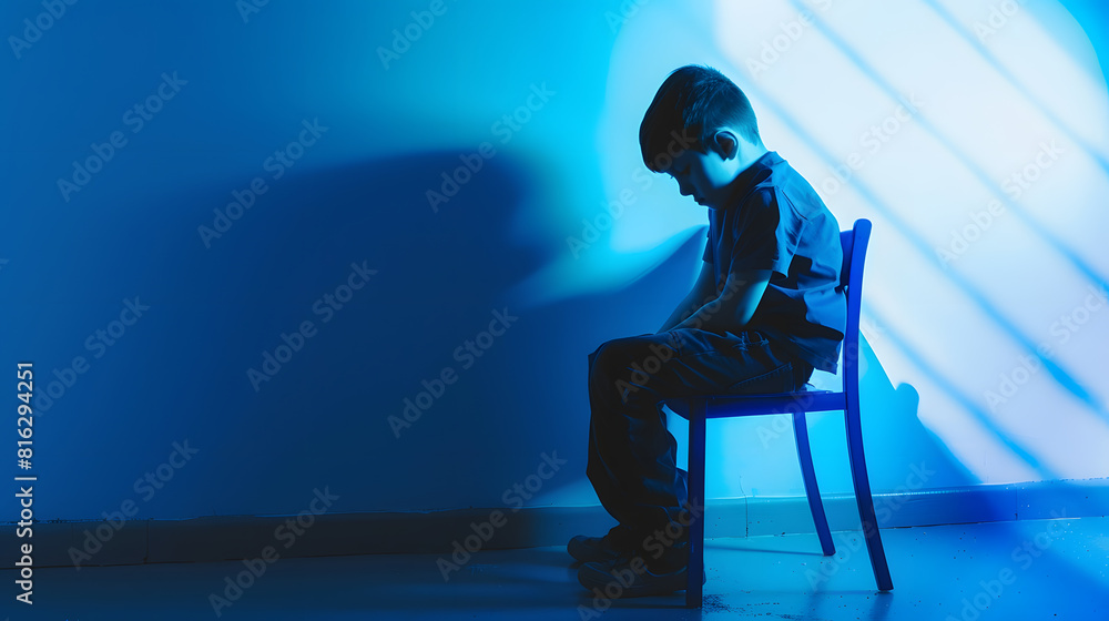 Sad preteen boy sitting alone in chair facing wall depressedintrovert ...