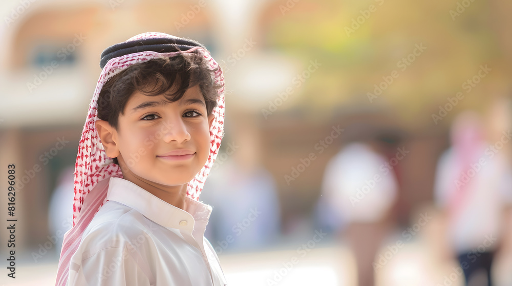 Real Middle east Arab student boy at school with blurred classmates ...