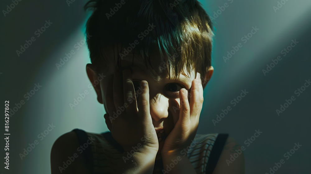 Boy shouts covered his face with his hands Stressed child Domestic ...
