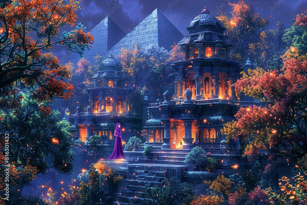 Egyptian Palace Spellcaster: Witch at Pyramids in Purple Dress Stock ...