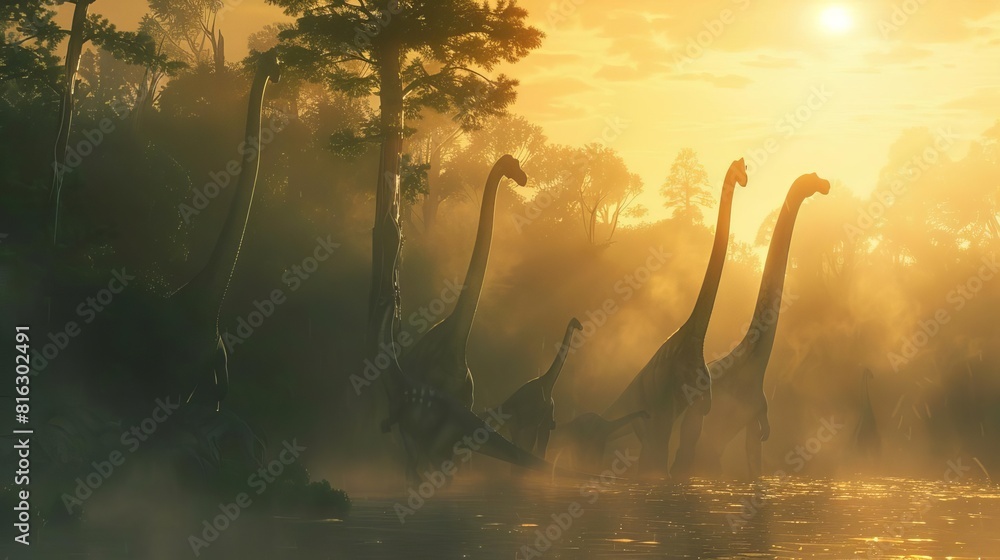 A scene depicting a Brachiosaurus herd migrating through a misty ...