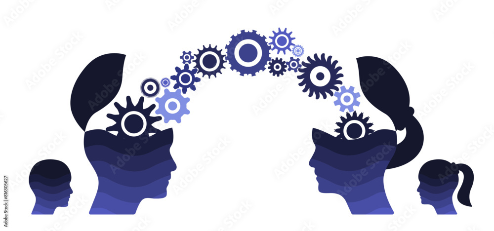 Open mind idea man, woman heads with gears vector illustration ...