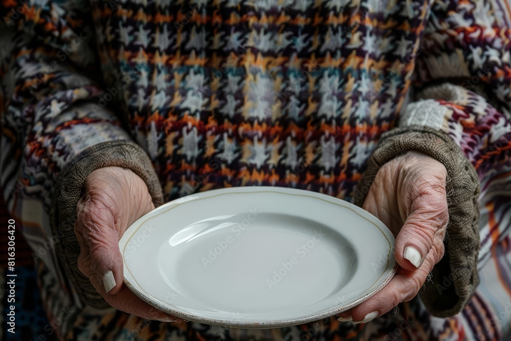 elderly hunger senior person with empty plate poverty and malnutrition ...