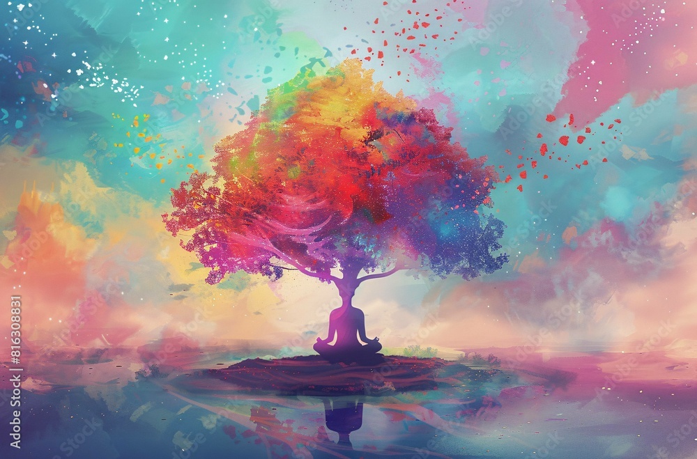 Vibrant Tree of Life Surrounded by a Spectrum of Colors on a Cosmic ...