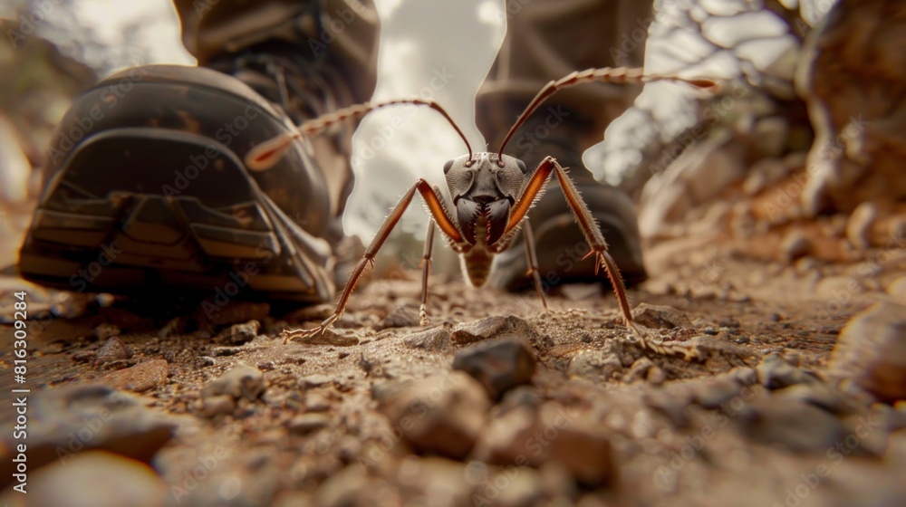 ant under a human with shoes on the ground. animal concept, ants, small ...