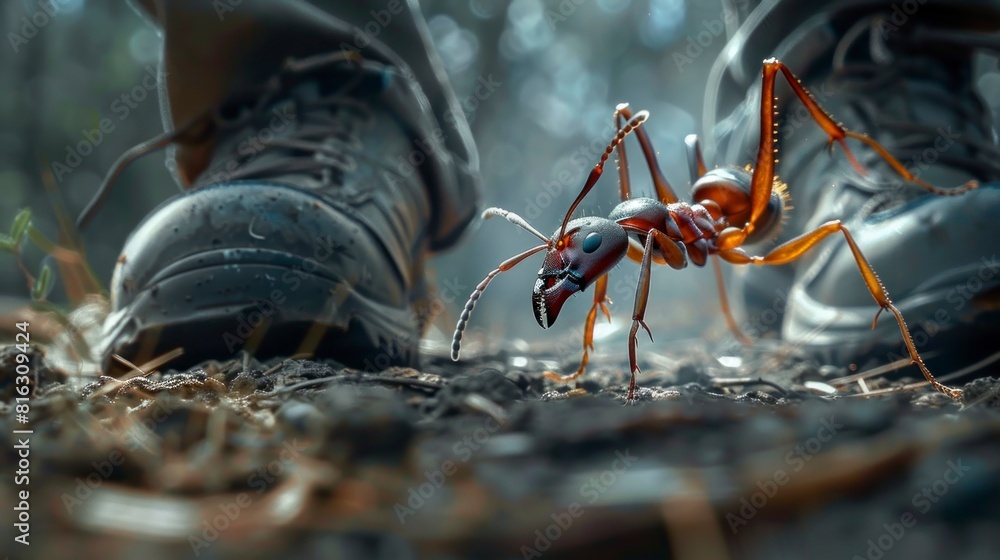 ant under a human with shoes on the ground. animal concept, ants, small ...