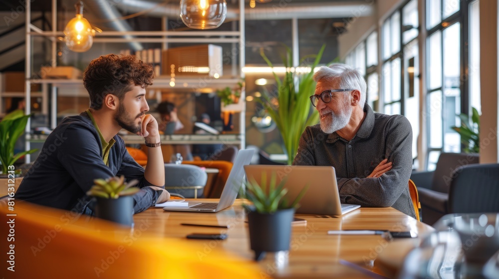 Two men, sitting at a table, are sharing a fun conversation while ...