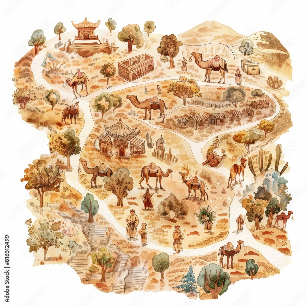 A watercolor of a detailed map of the Silk Road, featuring camels and ...