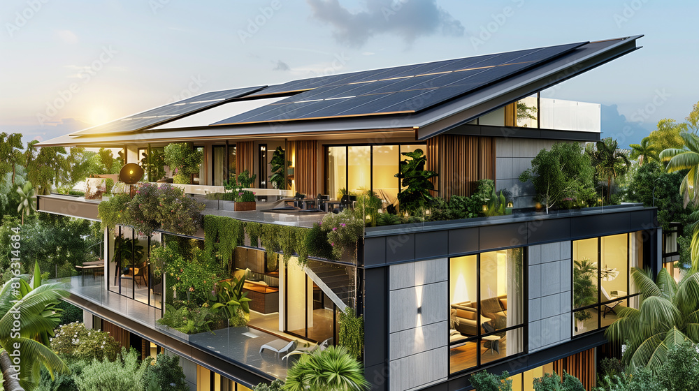 Luxury modern home with extensive solar panels, seamlessly integrated ...