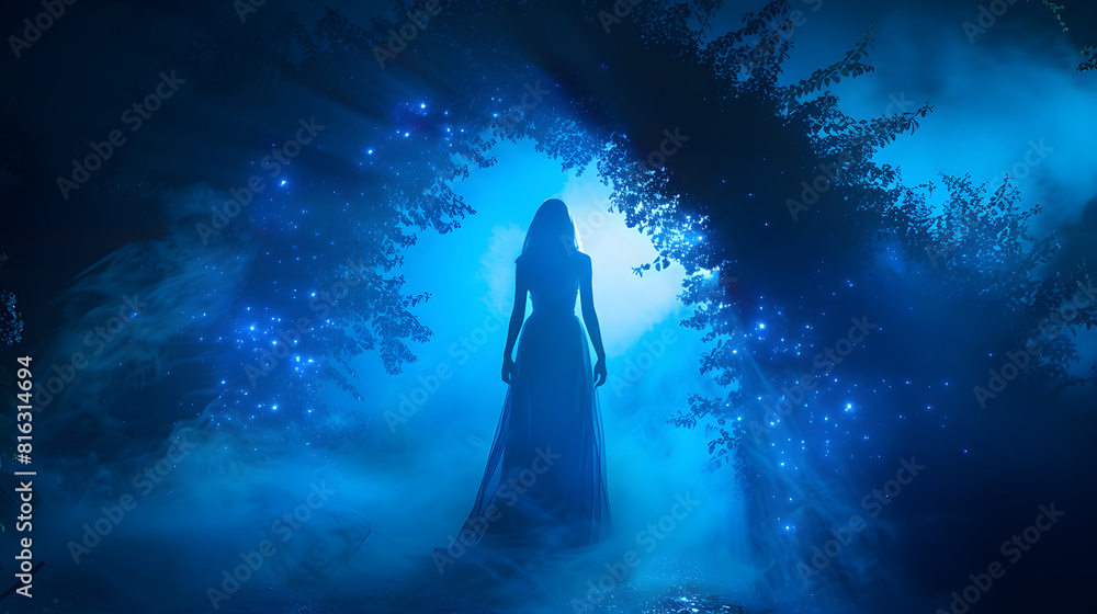dark shadow silhouette fantasy woman walking in black night garden in ...