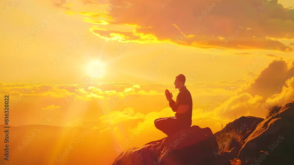 Silhouette of man kneeling down praying for worship God at sky ...