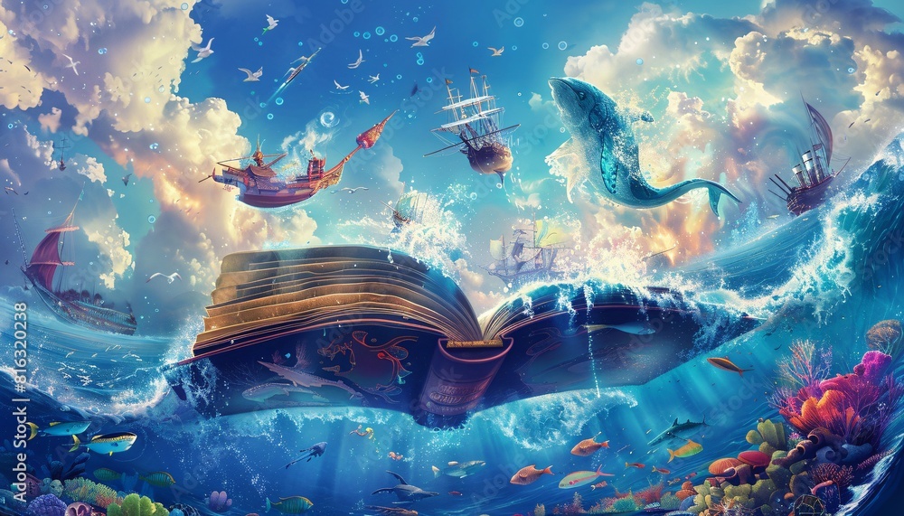The image shows a vibrant and imaginative underwater scene with various ...