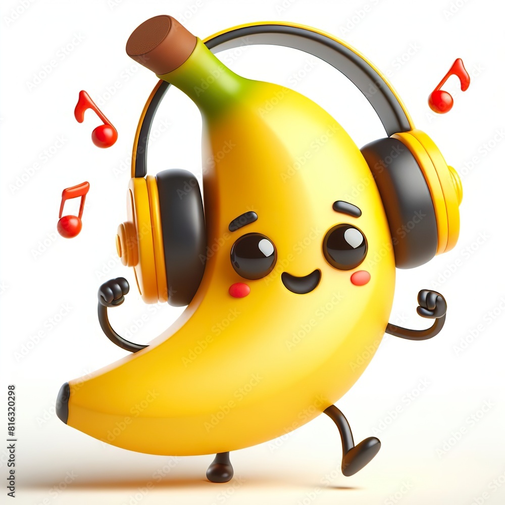 cute 3D funny cartoon banana with small wireless headphone on head ...