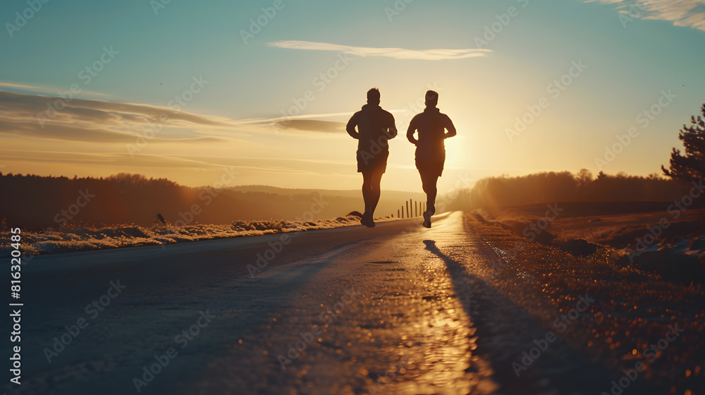 Silhouette of two person running on road go to dream Fitness runner ...