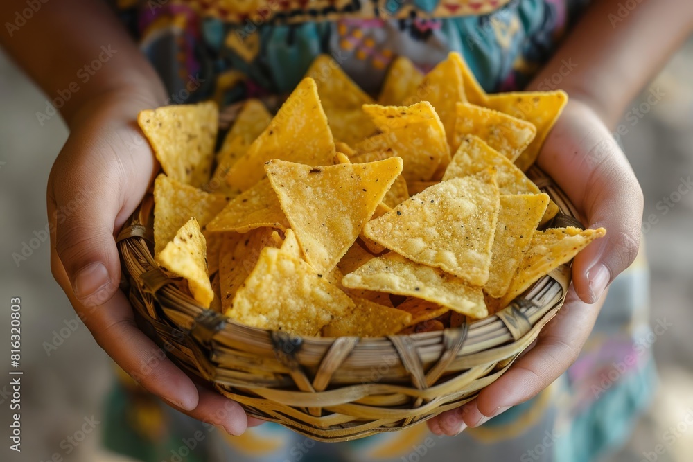 mexican tradition childs hands holding basket of tortilla chips food ...
