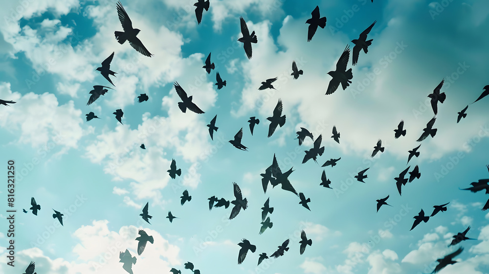 Flock of swallows Silhouettes crowd flying birds away sky free black ...