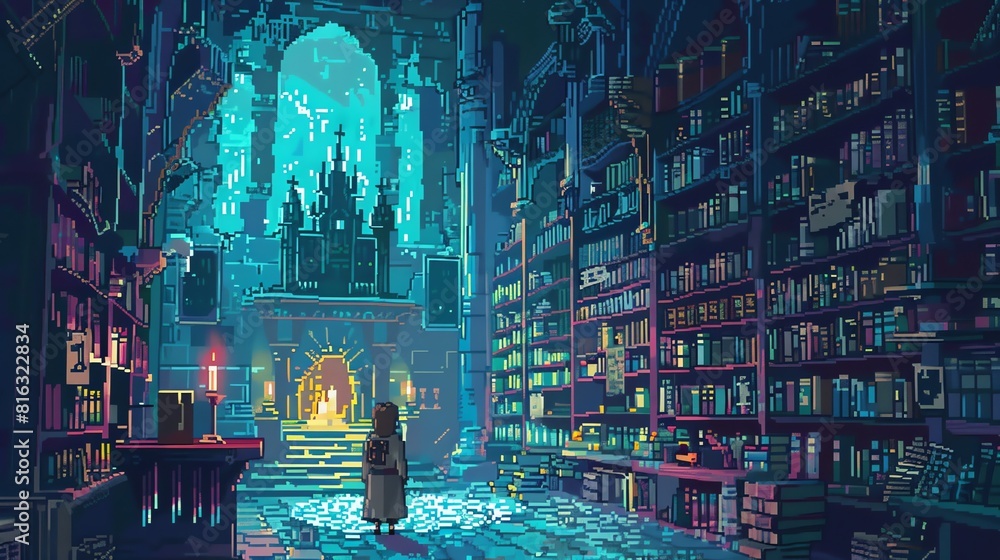 The image is a pixel art illustration of a library. The library is full of bookshelves and there ...