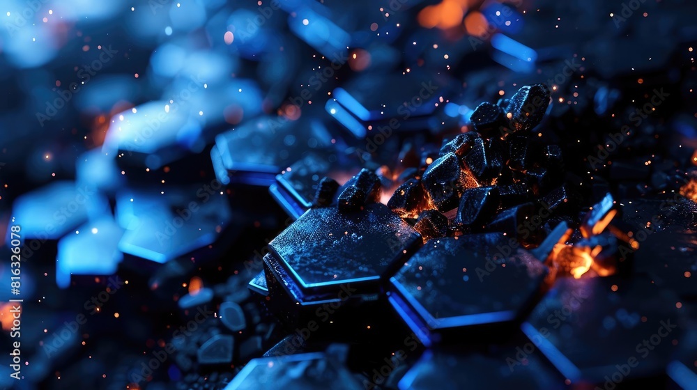3d black abstract background with hexagon shapes, splashing blue fire ...