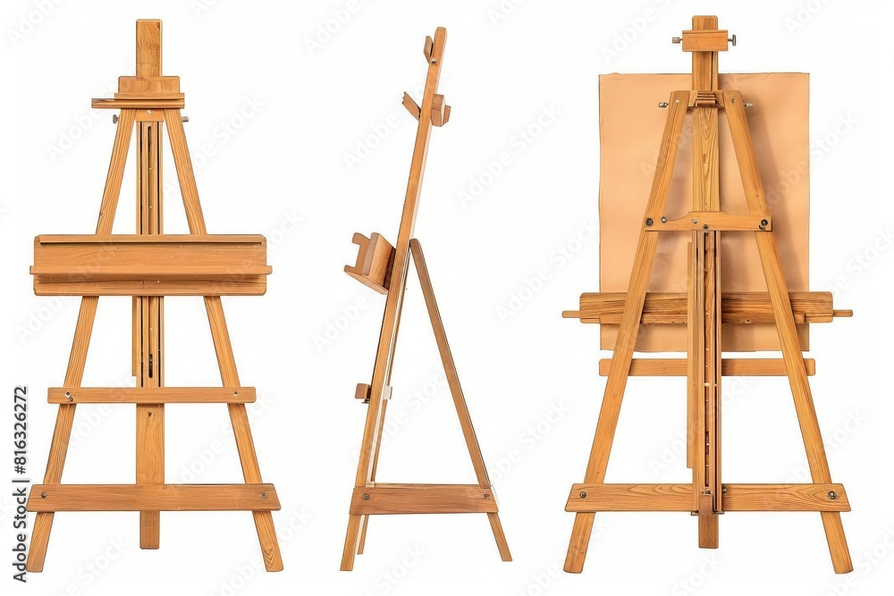 various angles and views of a wooden artist easel on white background ...