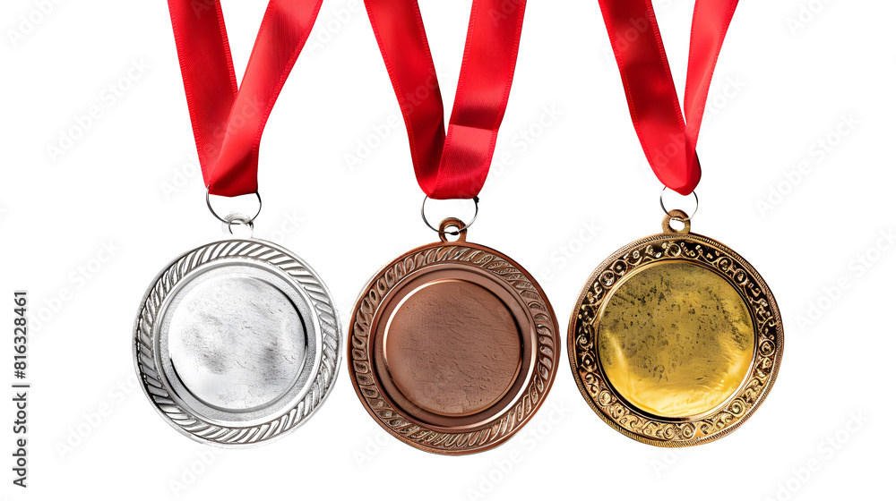 real Gold, silver and bronze medals hanging on red ribbons isolated on ...