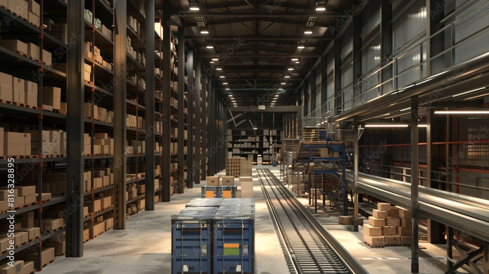 Inside a Modern Warehouse with Rows of Packed Boxes and Storage Shelves ...